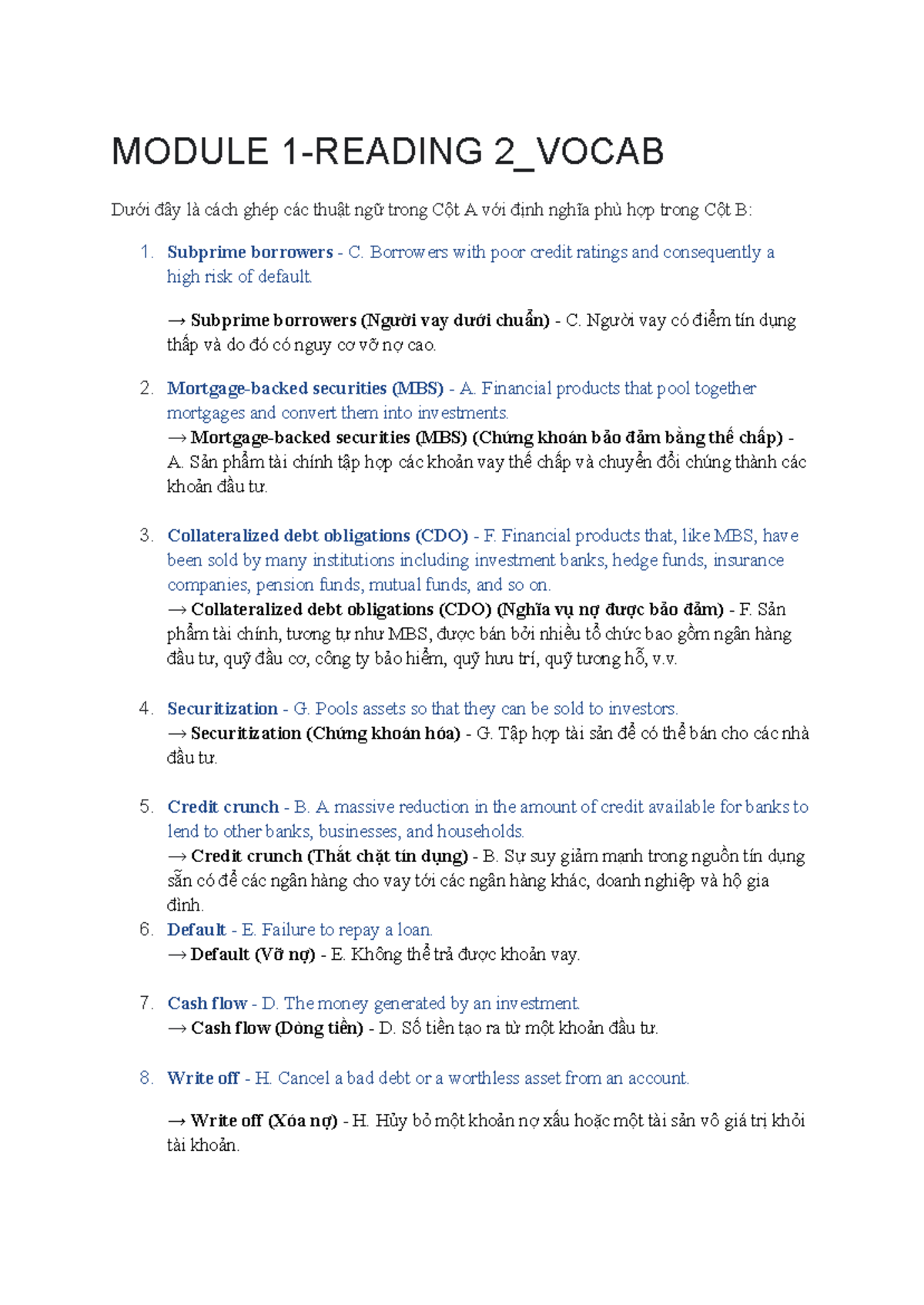 MODULE 1-READING 2_VOCAB & TRUE/FALSE EXERCISES - Studocu