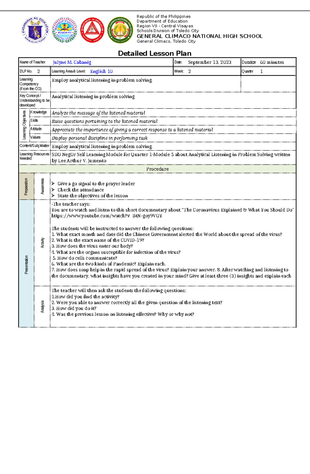 DLP: Grade 10 English 10 Lesson Plan on Analytical Listening Skills - Studocu