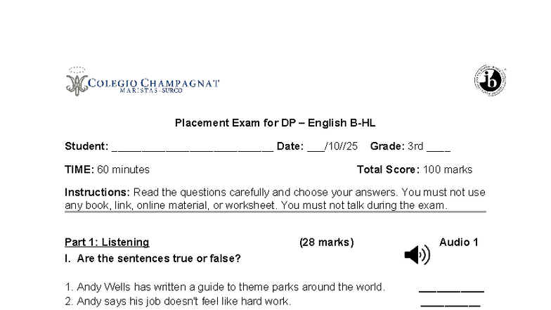Placement Exam for DP English B-HL: Listening & Language Use 2025 - Studocu