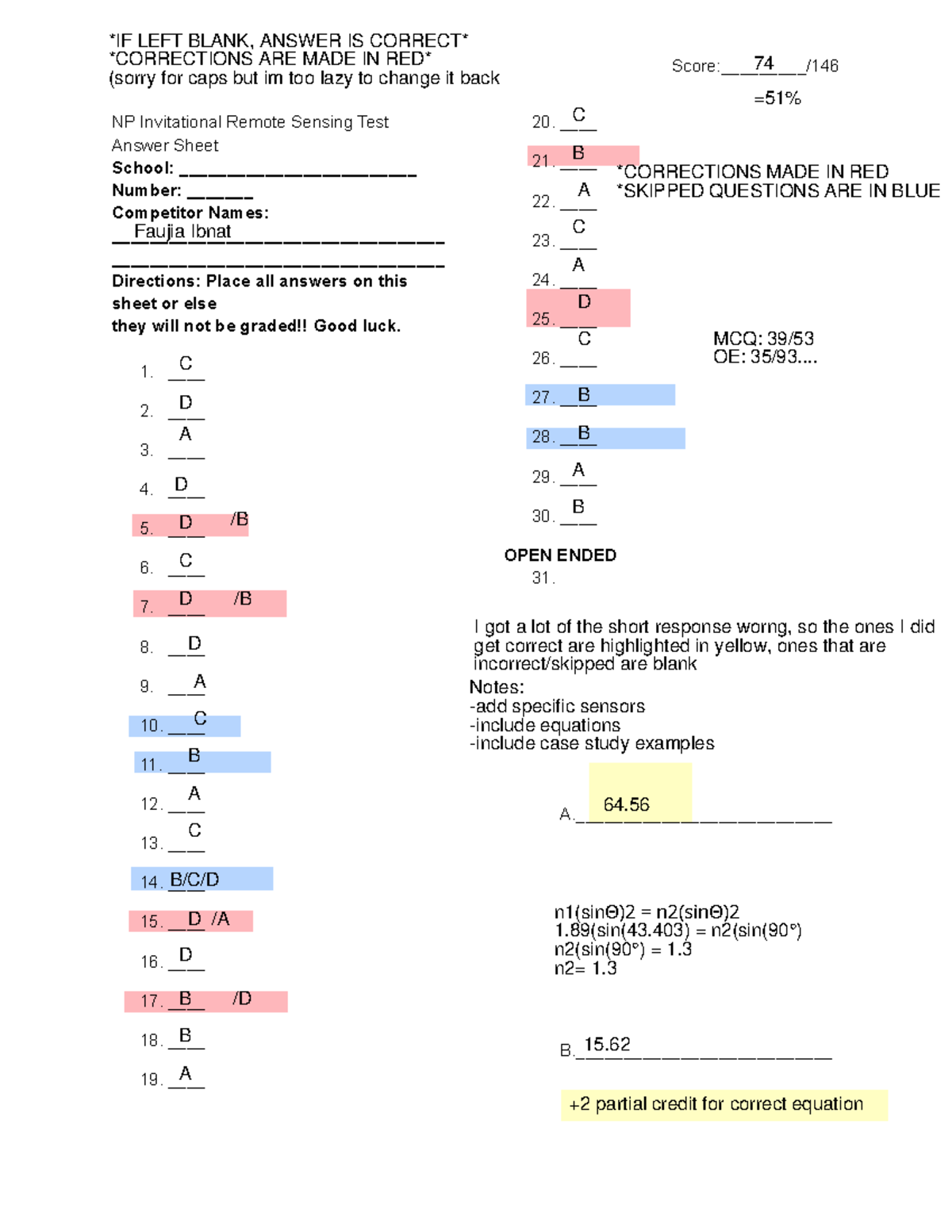 NP Invitational Remote Sensing Test Answer Sheet - Answer Key - Studocu