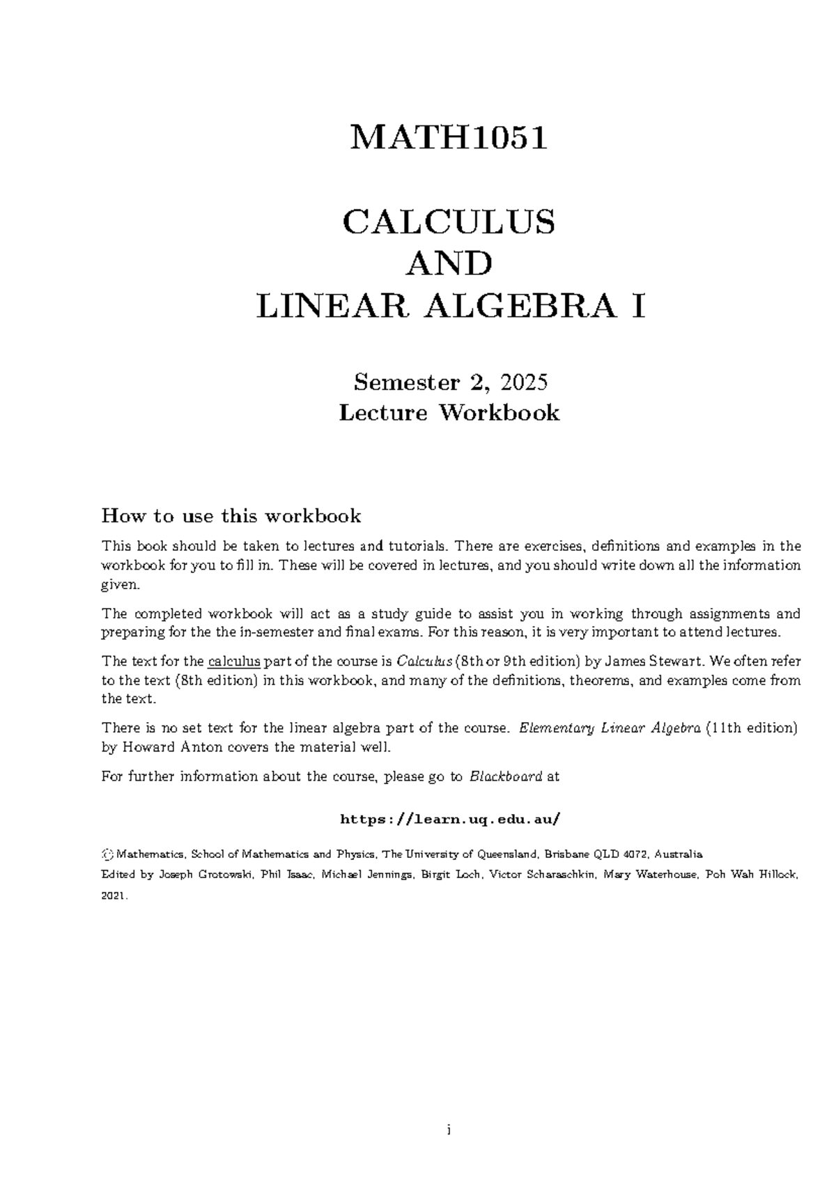 MATH1051 Semester 2, 2025 Calculus & Linear Algebra Lecture Workbook ...