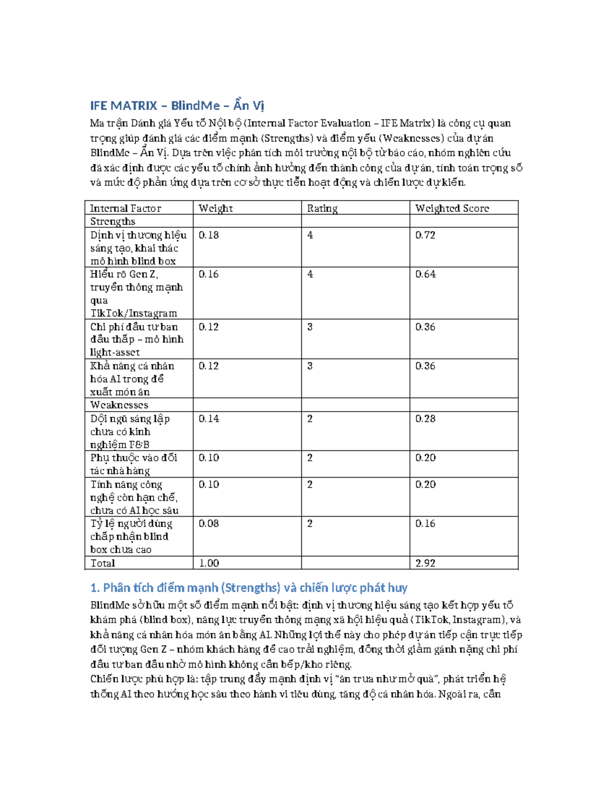 IFE Matrix Analysis for BlindMe Project Evaluation - Studocu