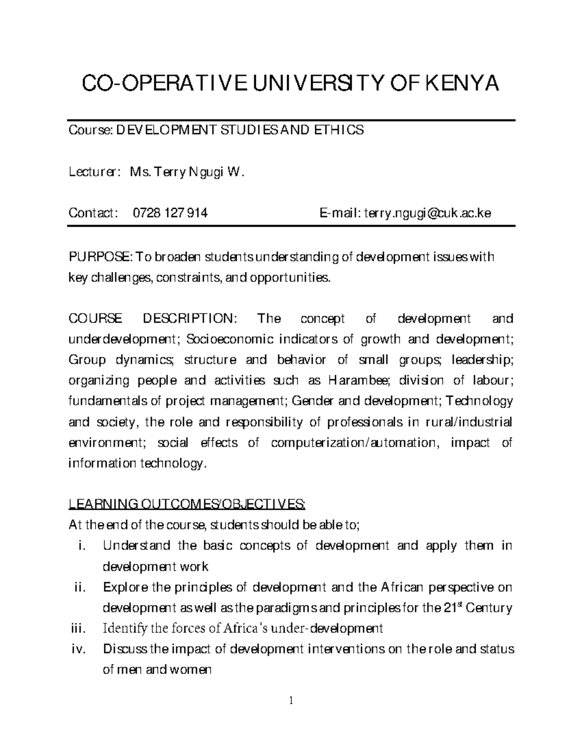 Course Outline for Development Studies and Ethics (DEV 101) - Studocu