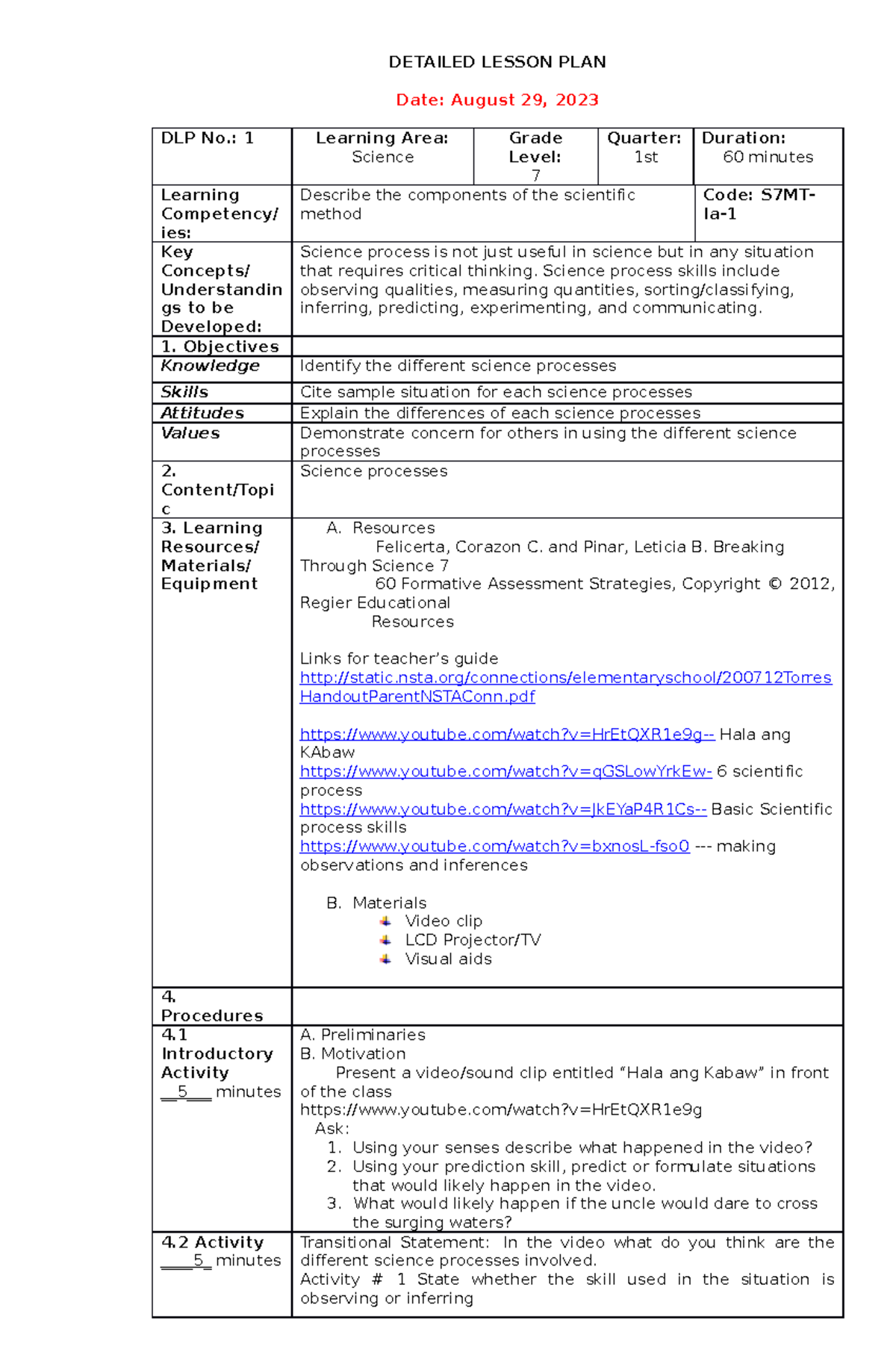 DLP 1 - Science 7 Week 1 Detailed Lesson Plan on Scientific Method ...