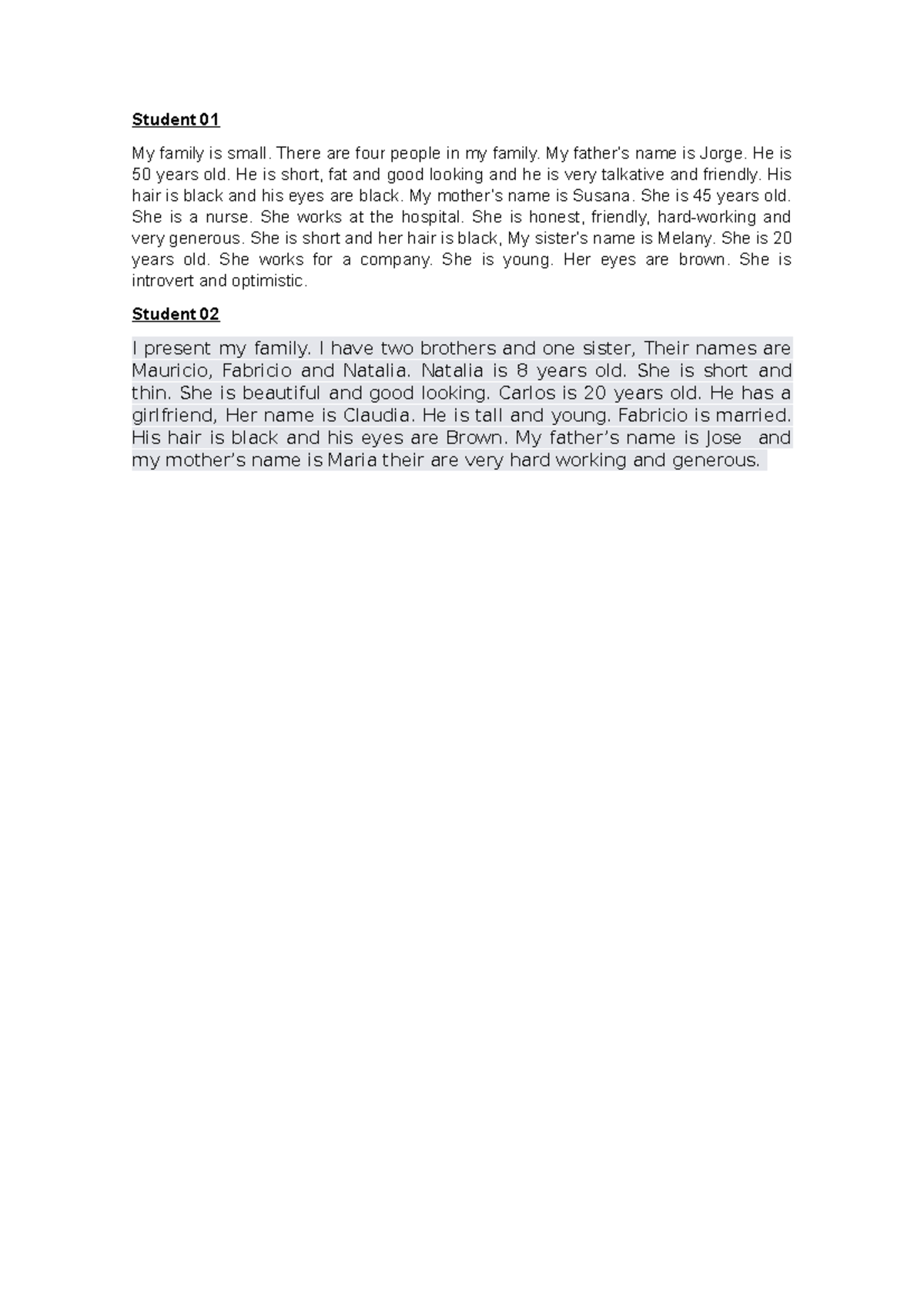Task Assignment: My Family Descriptions from Two Students - Studocu