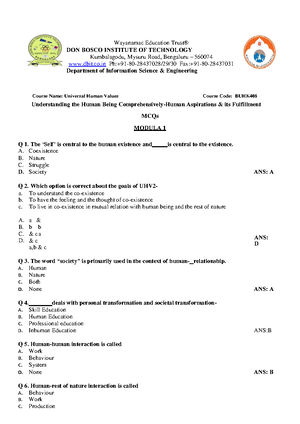 250 question bank UHV - Universal Human Values MCQ Question with Answer ...