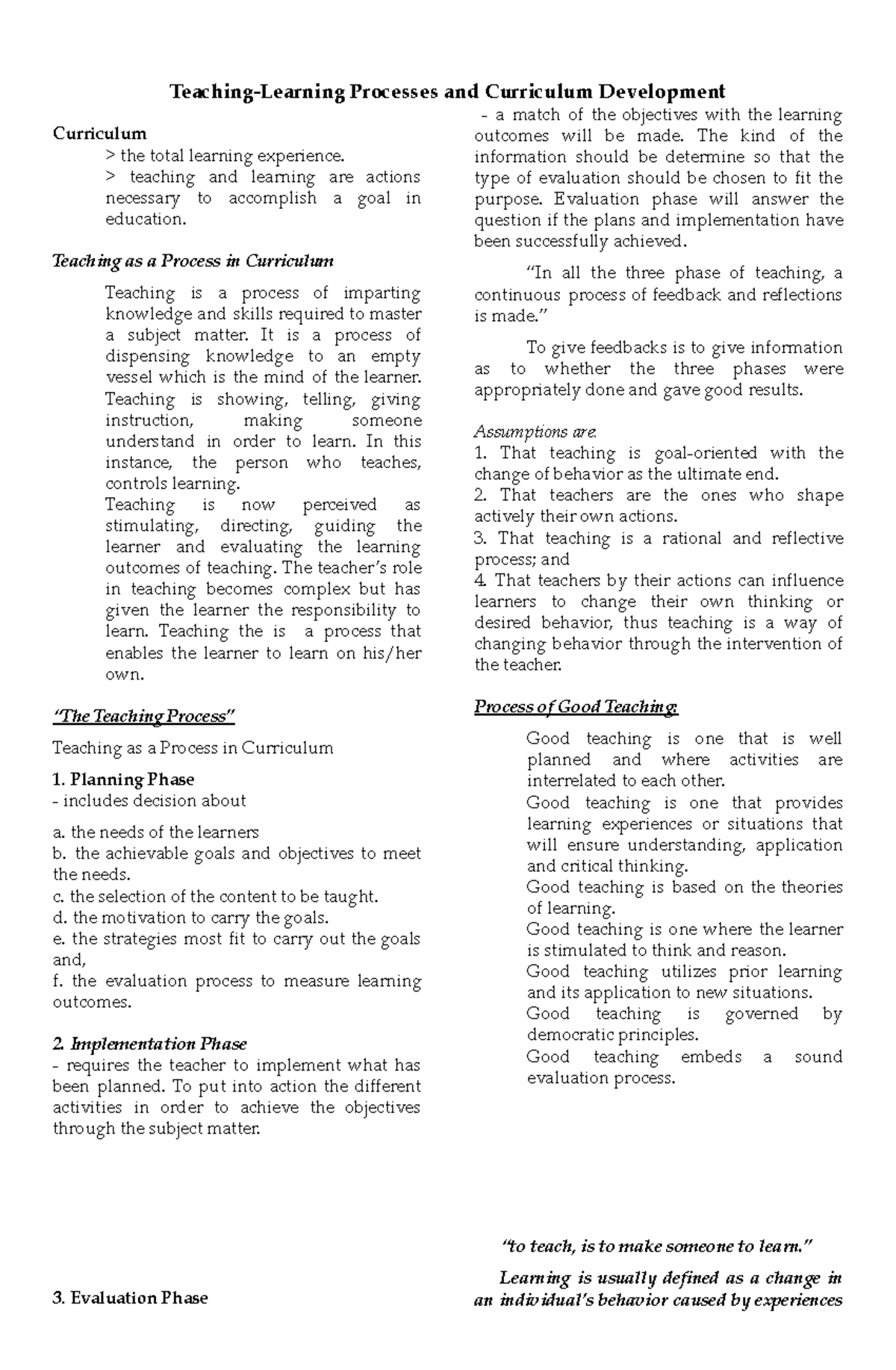 Teaching-Learning Processes & Curriculum Development Insights - Studocu