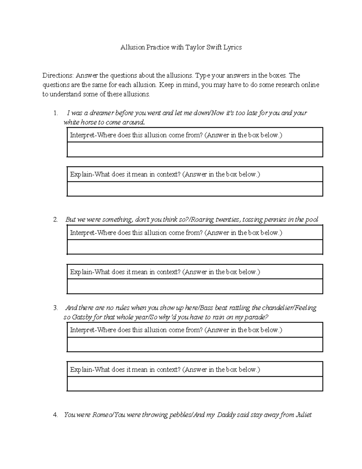 Taylor Swift Allusions Practiceelearningcompatible-1 - Allusion ...