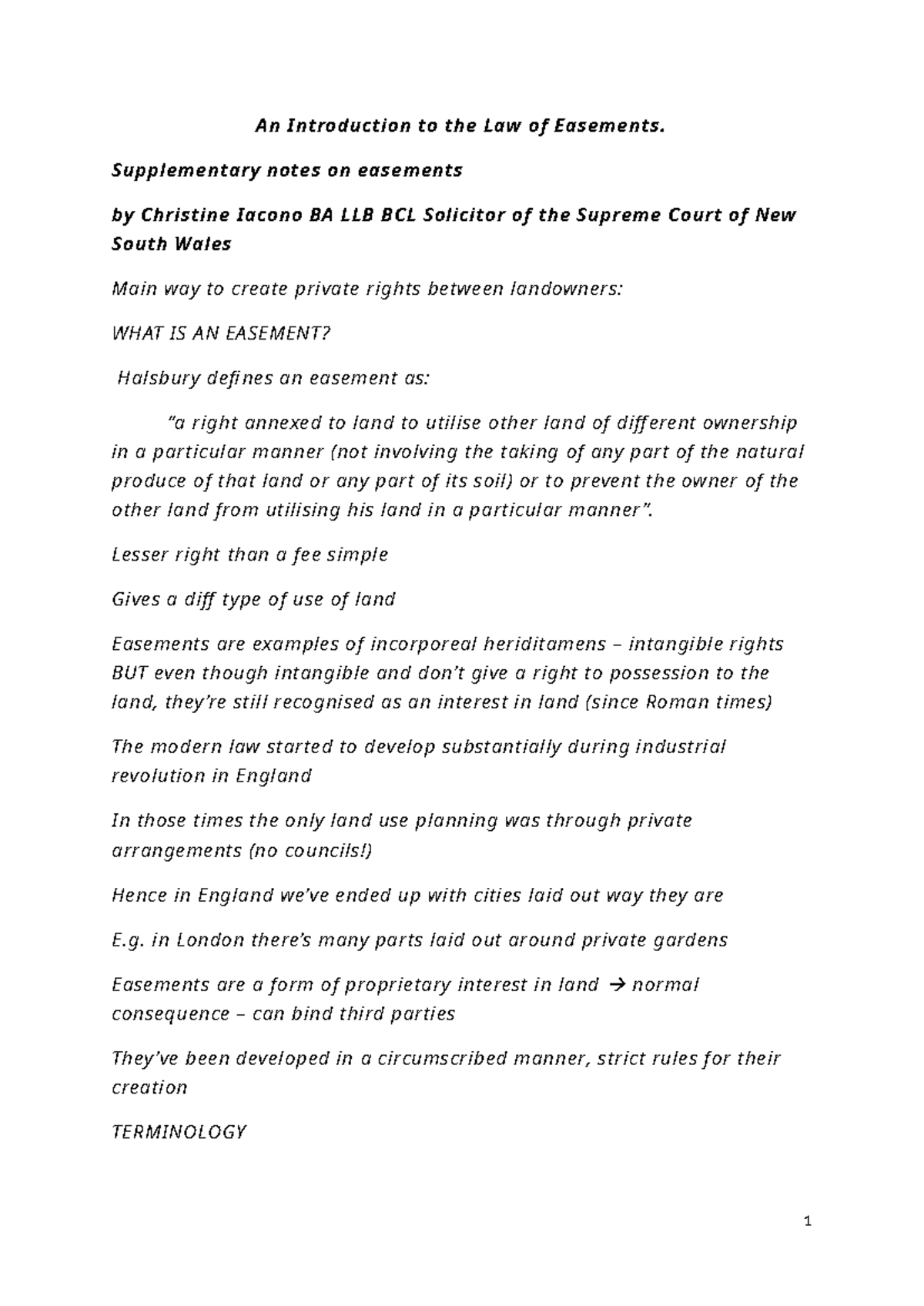 An Introduction to the Law of Easements: Part 1 Notes - Studocu