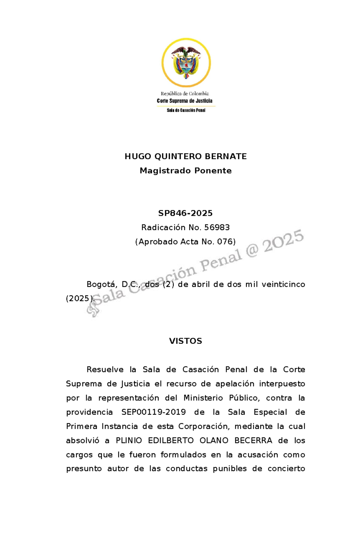 Sentencia de Casación Penal SP846-2025 sobre PLINIO OLANO BECERRA - Studocu