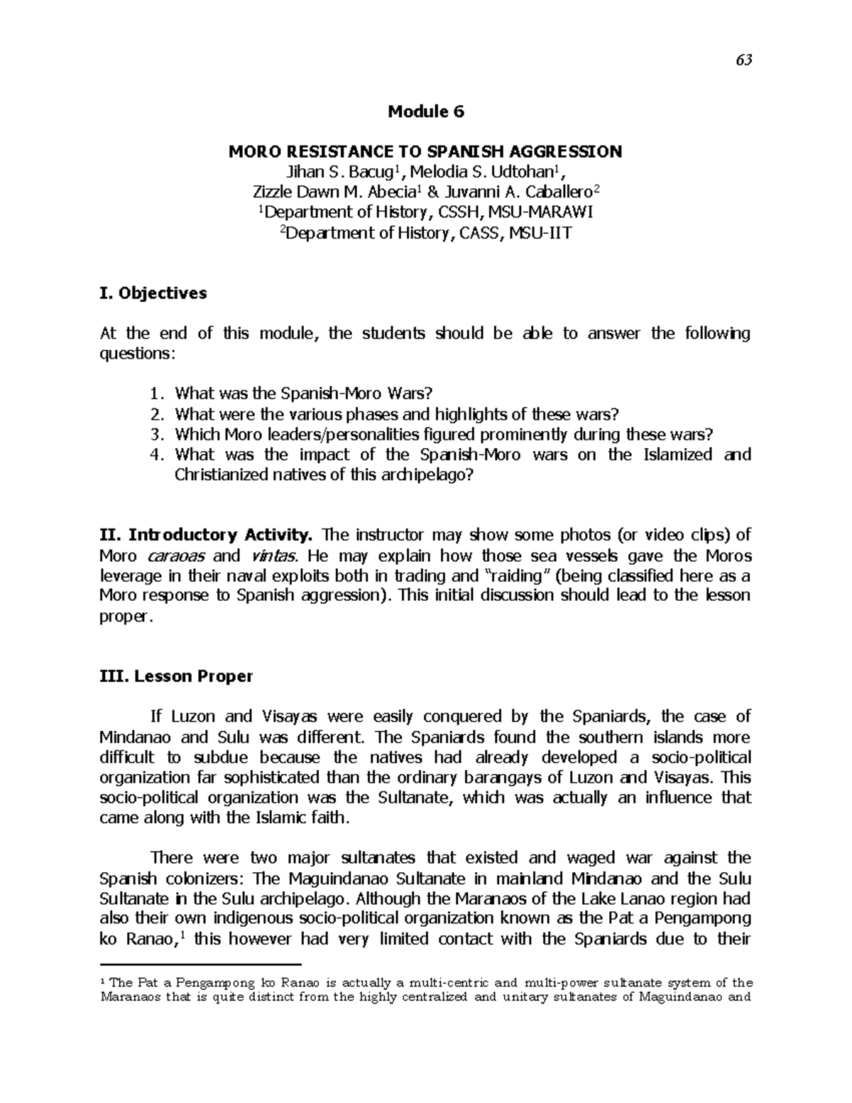Module 6 - Spanish-Moro Wars 2 - Module 6 MORO RESISTANCE TO SPANISH ...