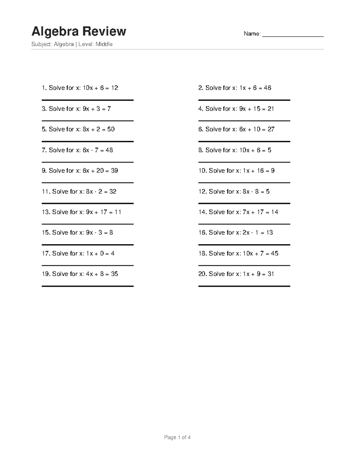Algebra Review (Middle Level) - Practice Problems and Answers - Studocu