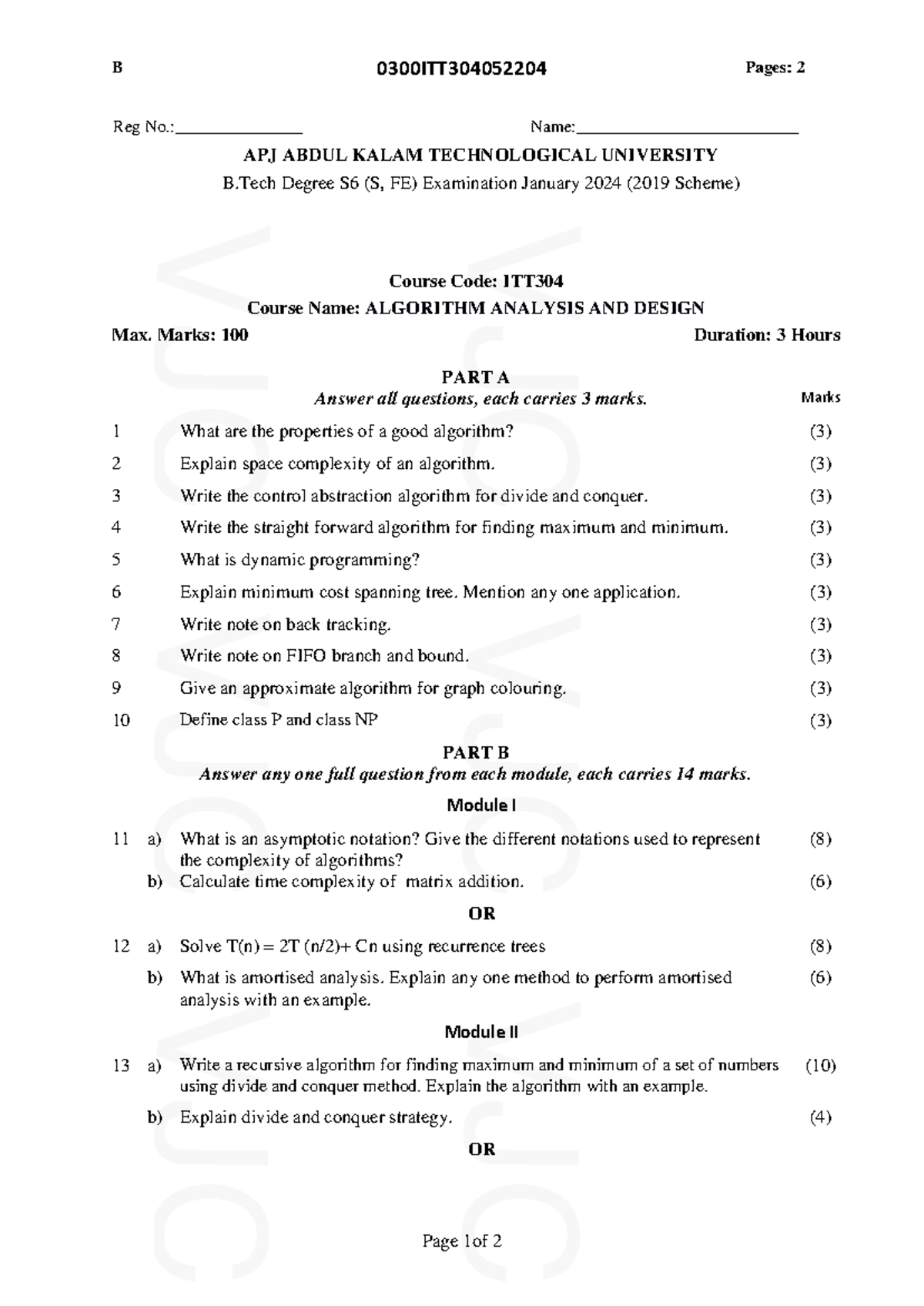 ITT304-D - Algorithm Analysis & Design 2024 Exam Question Paper - Studocu