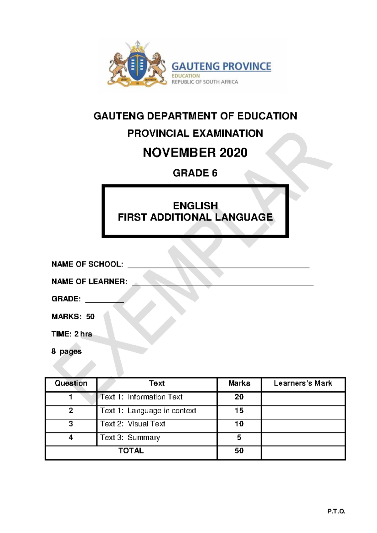 Gr 6 English (First Additional Language) 2020 Exemplars Exam Paper ...