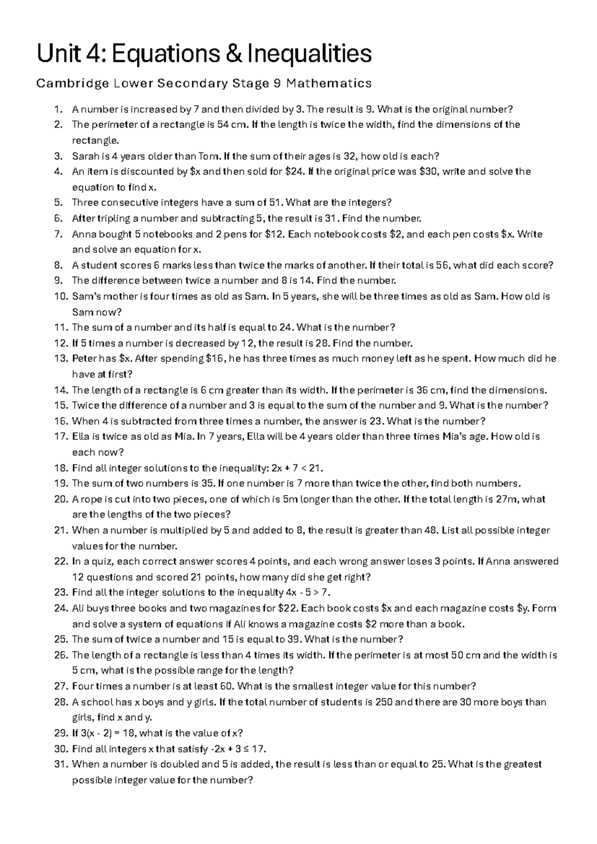 Unit 4: Equations & Inequalities - Additional Worksheet 2 (Cambridge ...