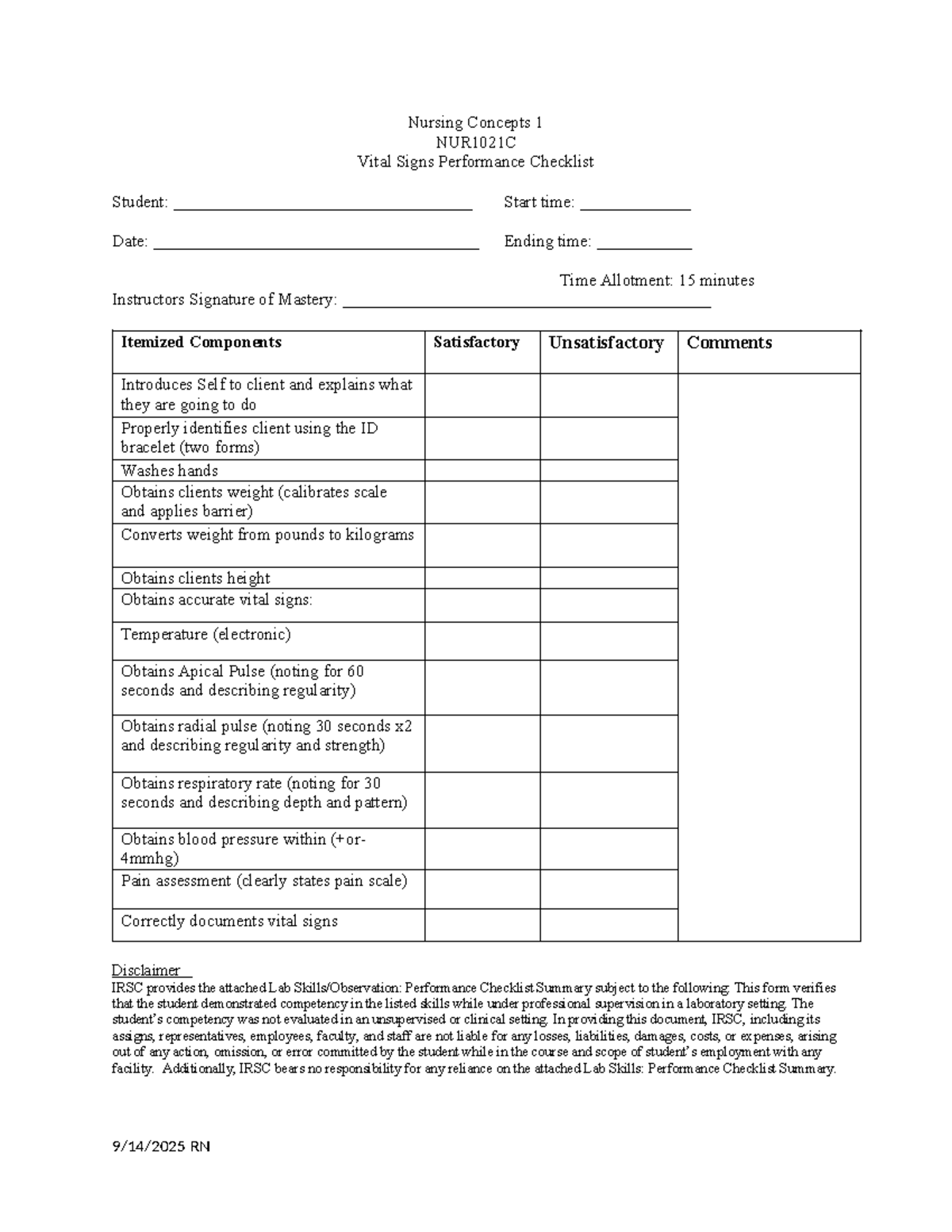 NUR1021C Vital Signs Performance Checklist - RN Skills 2025 - Studeersnel