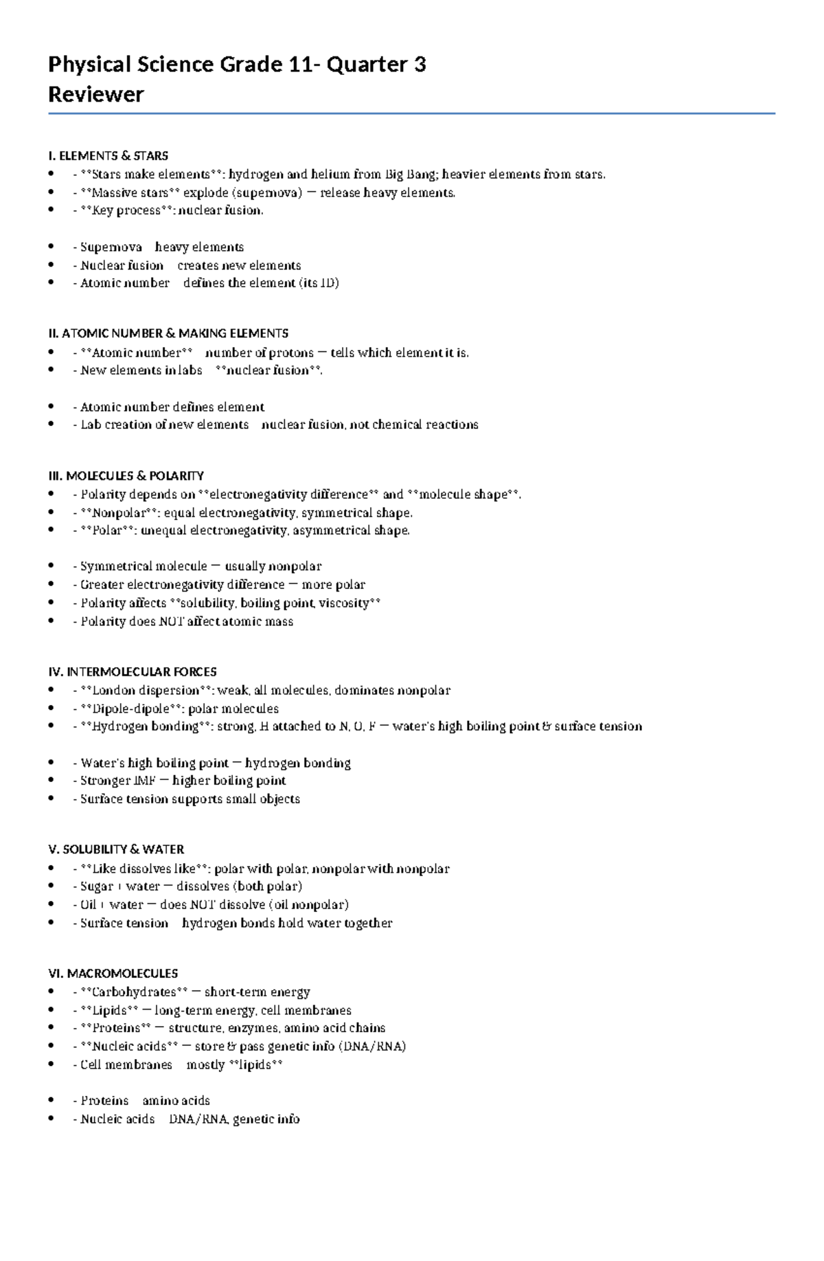 Physical Science Grade 11 1st Q Exam Reviewer: Elements & Molecules ...