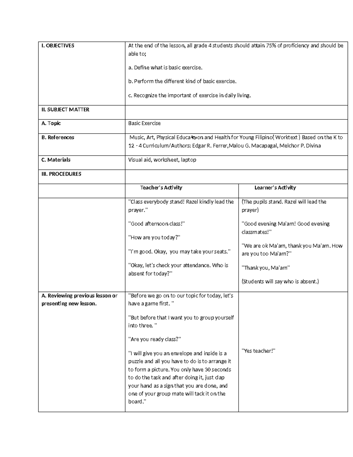 Basic Exercise Lesson Plan for PE4: Engaging Grade 4 Students - Studocu