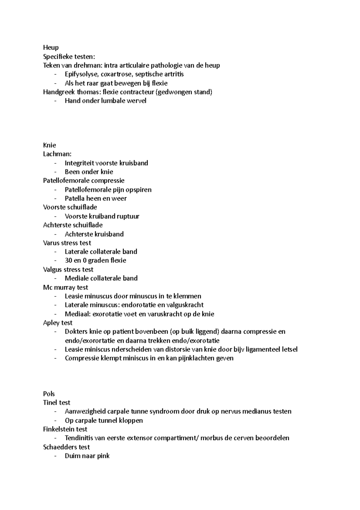Specifieke Testen van Heup, Knie, Pols, Elleboog en Schouder - Studeersnel
