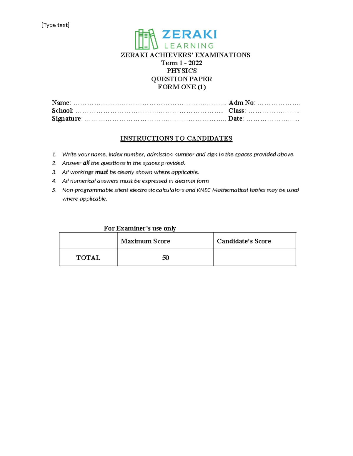 Physics - Term 1 2022 Form 1 Question Paper - Zeraki Achievers 6.0 ...