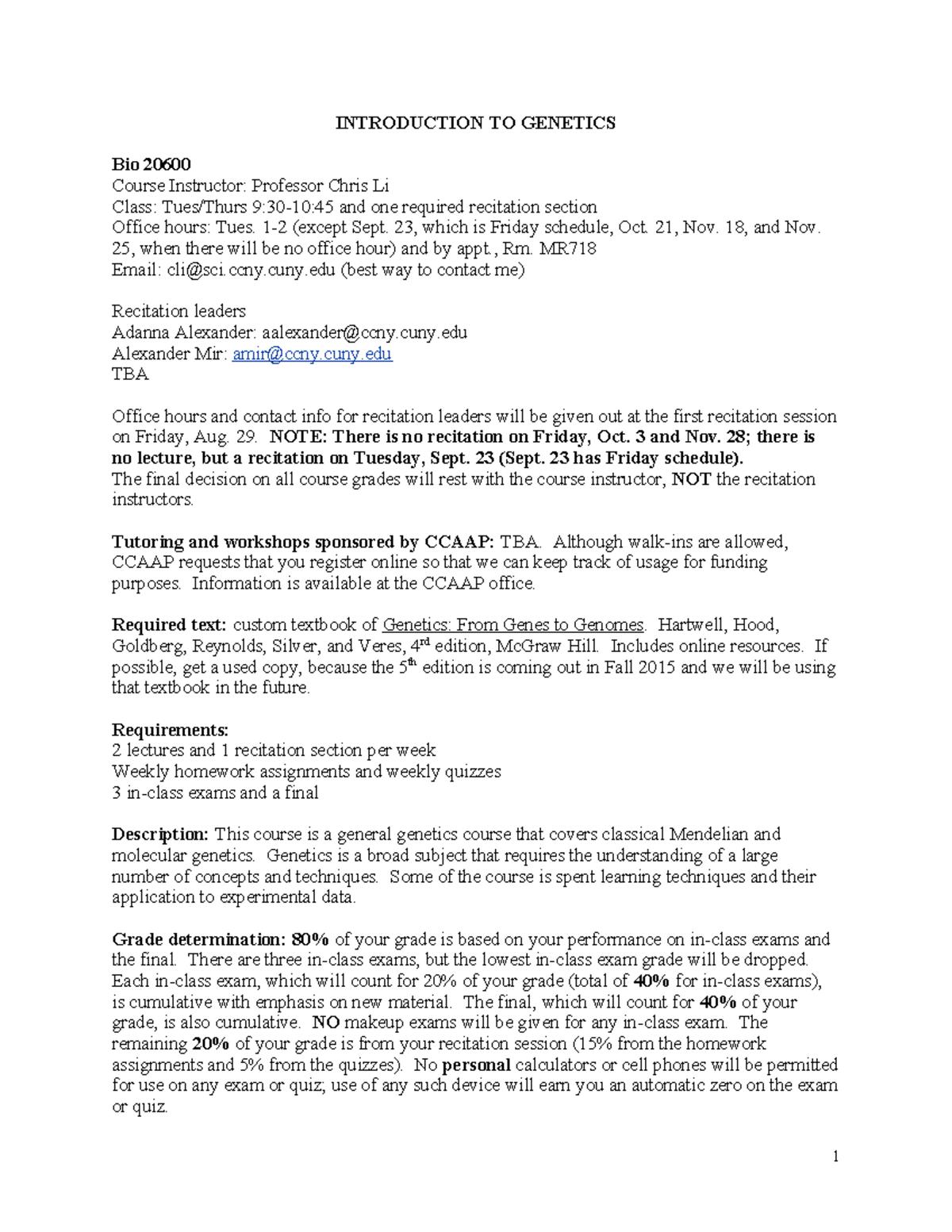 Bio206 Fall 2014: Introduction to Genetics Course Syllabus - Studocu