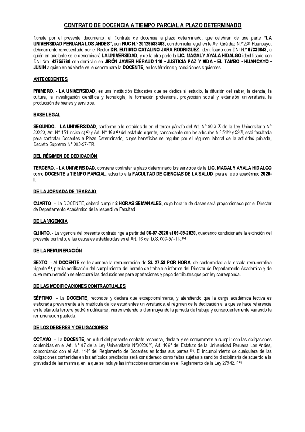 Contrato de Docencia a Tiempo Parcial - Huancayo-CS - Magaly Ayala ...