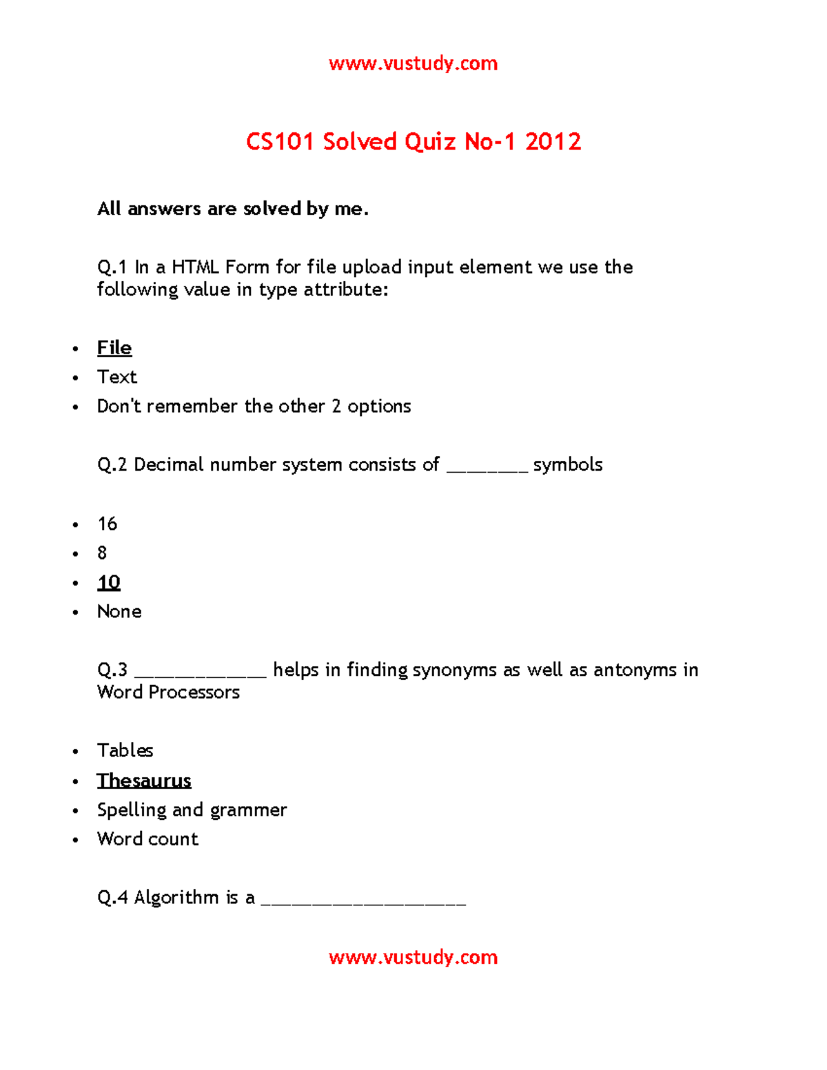 CS101 Solved Quiz No. 1 - 2012 Answers and Explanations - Studocu