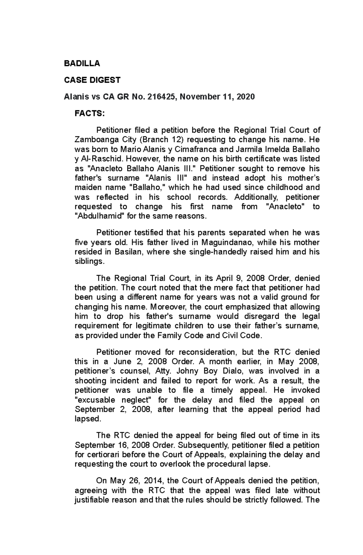 CASE Digest Alanis vs CA GR No. 216425, November 11, 2020 - BADILLA ...