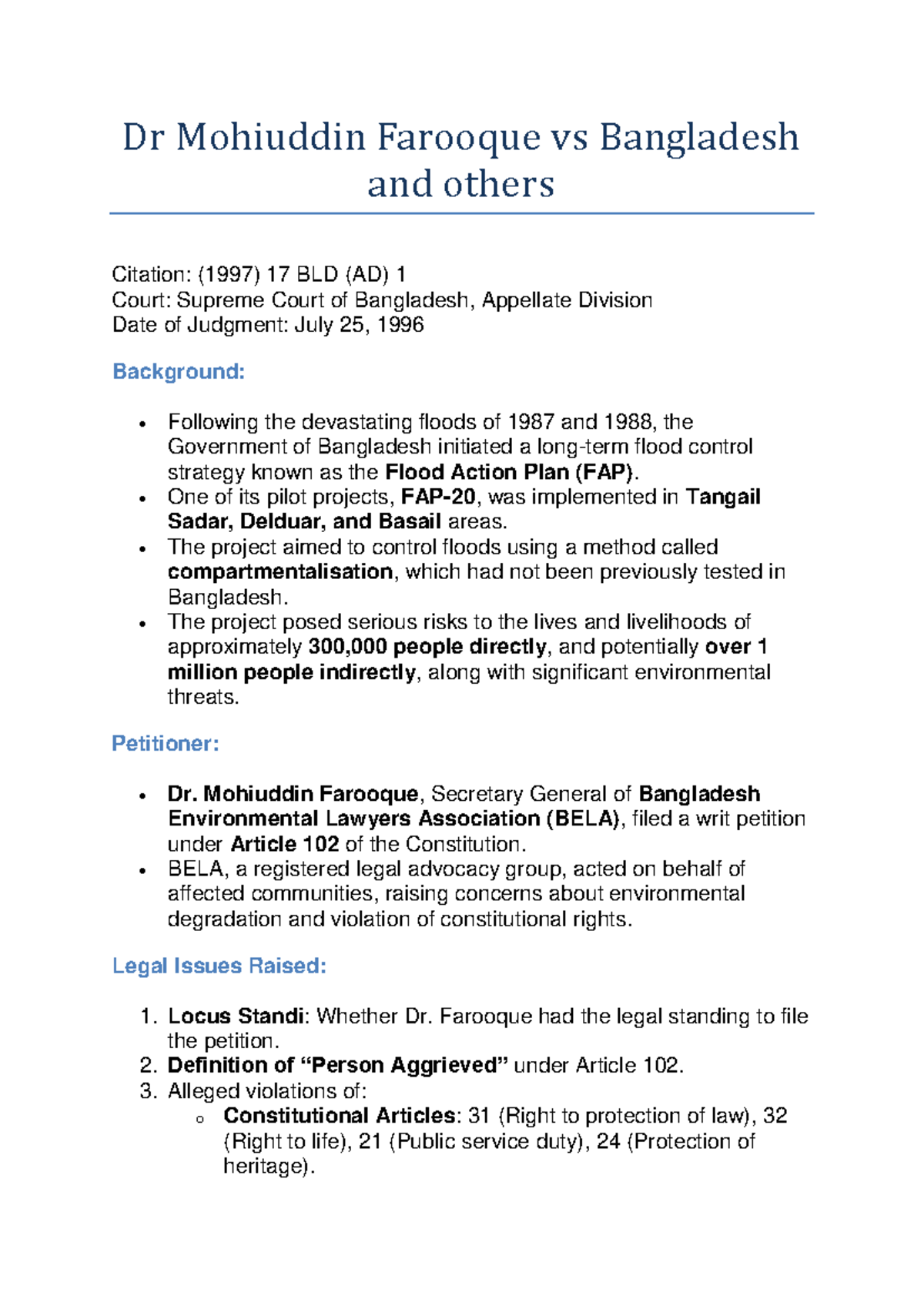 Dr Mohiuddin Farooque vs Bangladesh: PIL & Environmental Rights Summary - Studocu