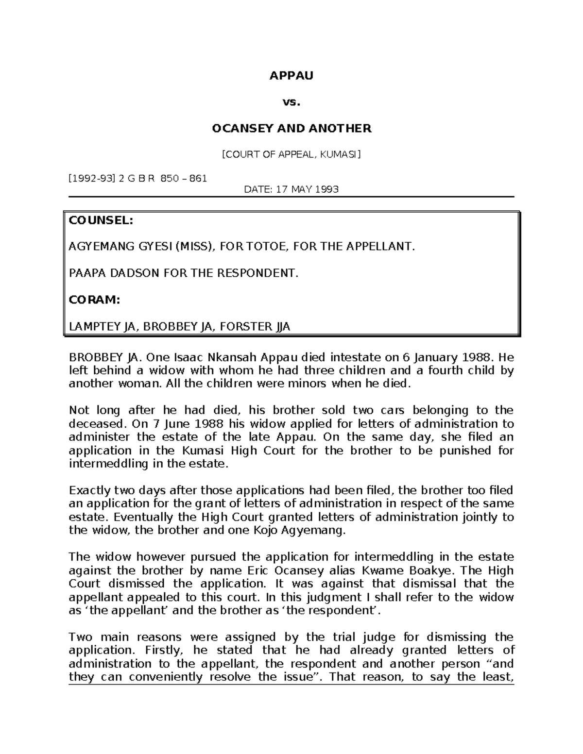 Appau vs. Ocansey & Anor: Intermeddling in Intestate Estate (1993 ...