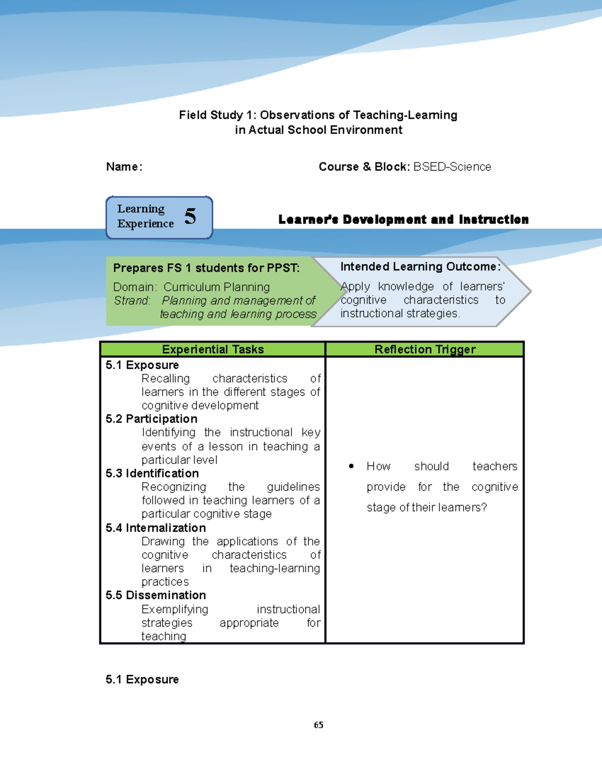 Field Study 1 (FS 1) - Learning Experience 5: Teaching-Learning ...