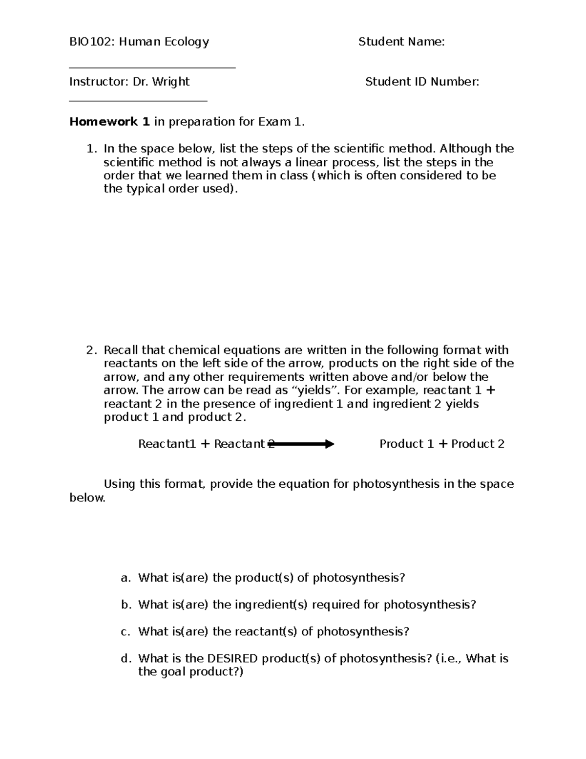 Homework 1 - Need the workbook for the practice exercises. - BIO102 ...