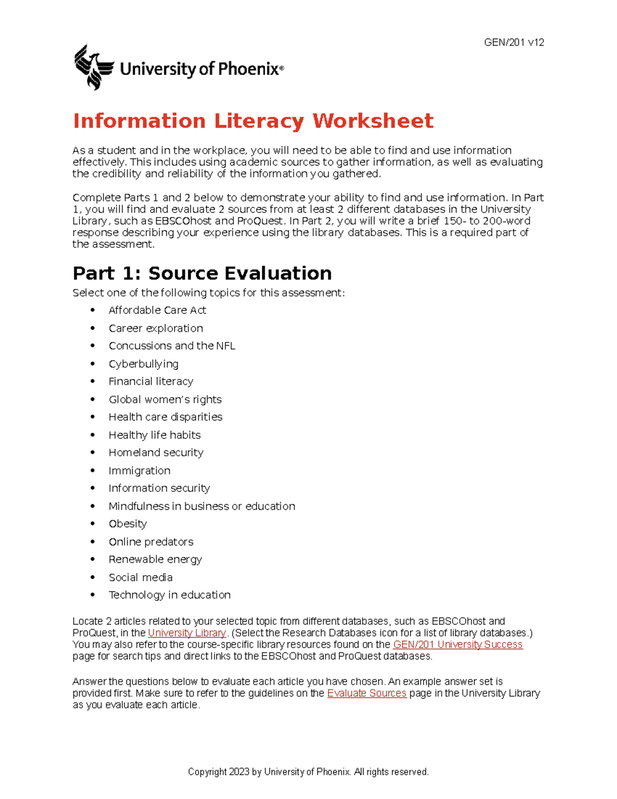 GEN/201 v12 Week 4 Information Literacy Worksheet and Guide - Studocu
