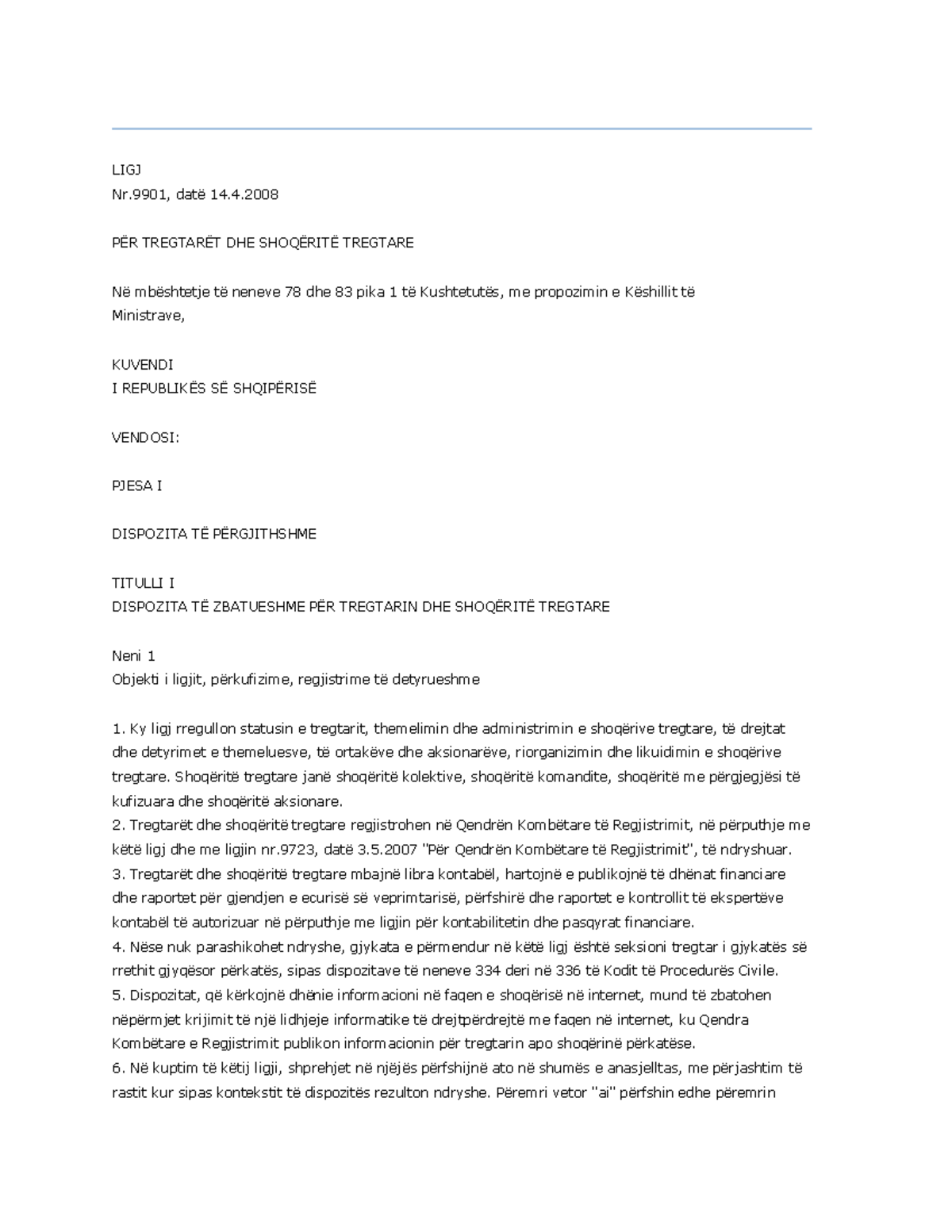 Ligji Nr. 9901 (2008): Rregullat për Tregtarët dhe Shoqëritë Tregtare - Studocu