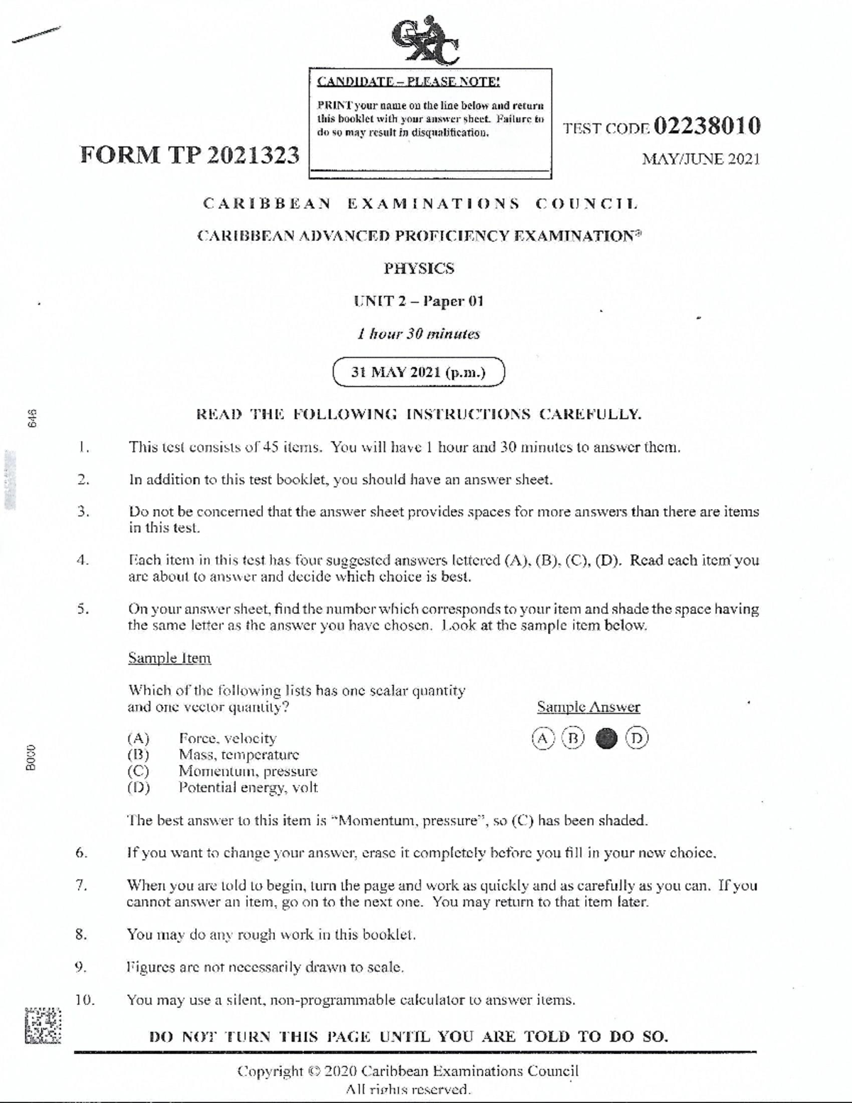 CAPE Physics Unit 2 Paper 1 Exam Instructions 2021 - Studocu