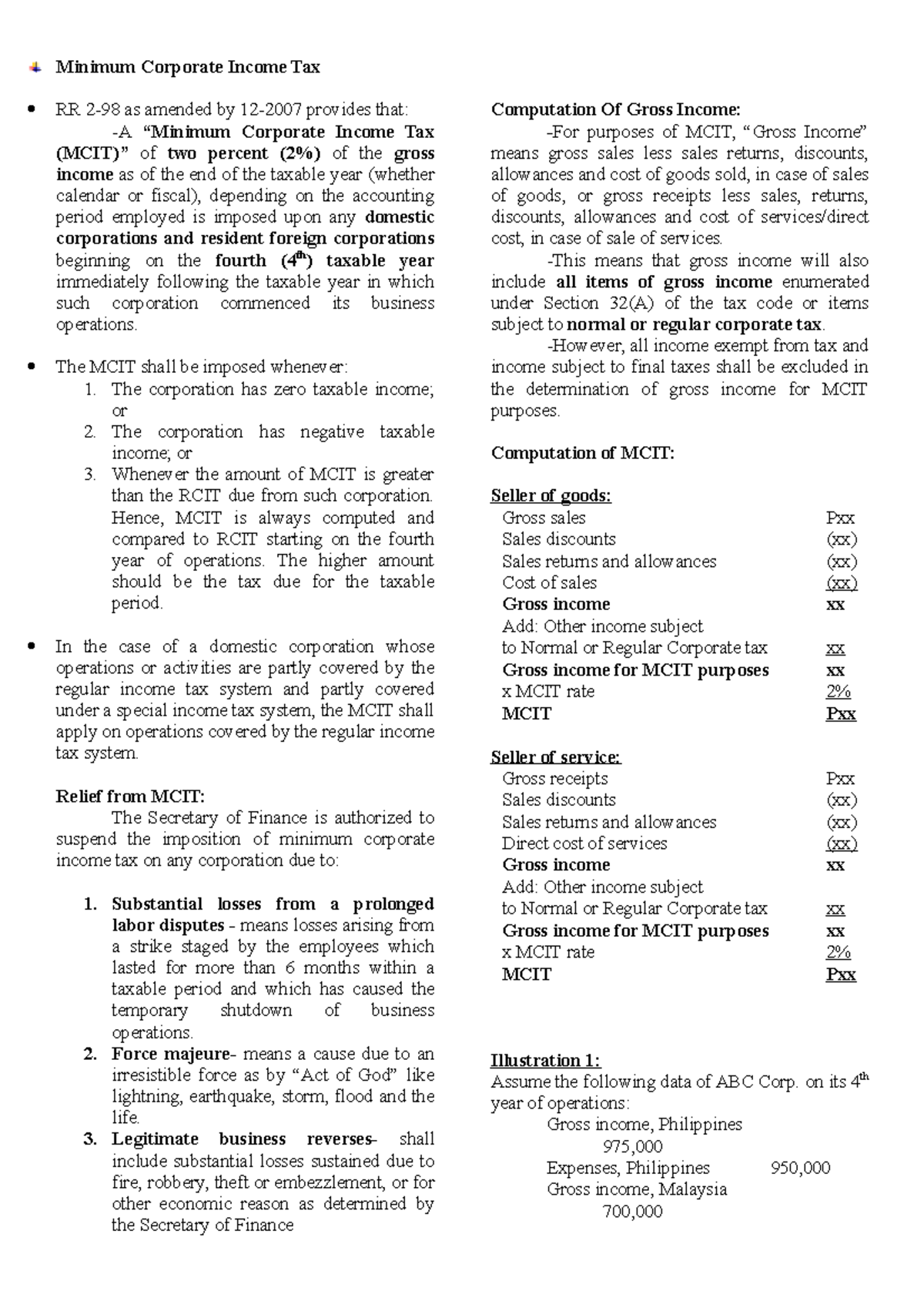 Minimum Corporate Income Tax Guidelines and Computation (MCIT) - Studocu