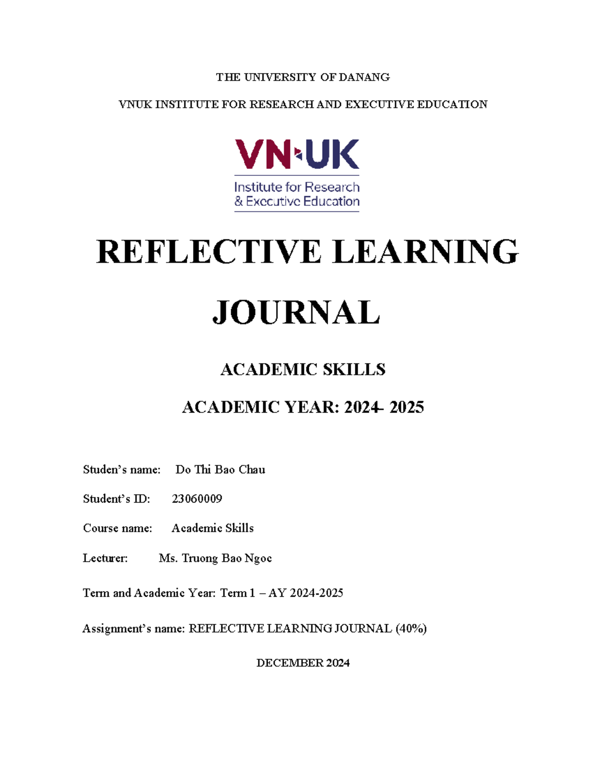 AS3-Reflective Learning Journal-Do Thi Bao Chau - THE UNIVERSITY OF ...