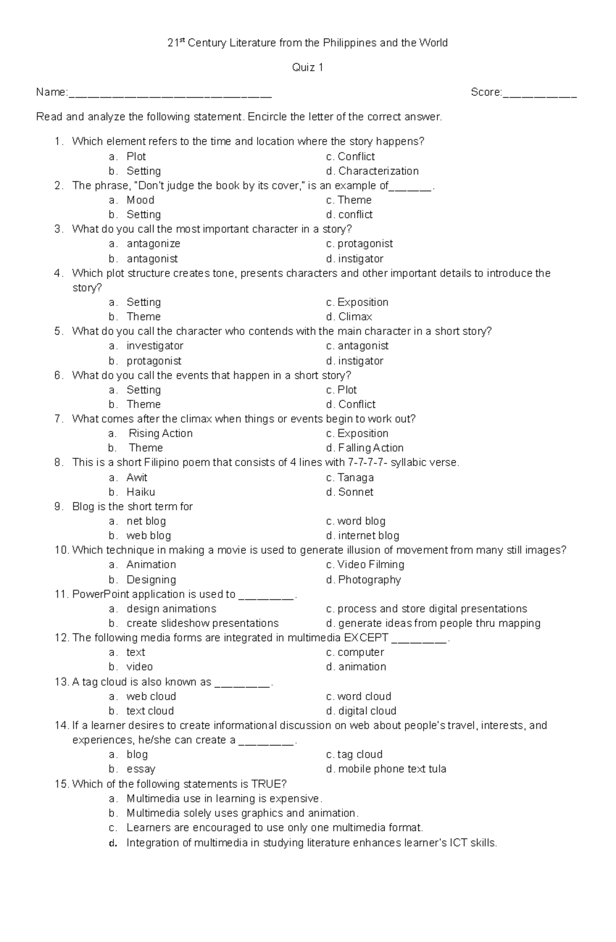21st Quiz 1 - Century Lit from Phils & the World - Studocu