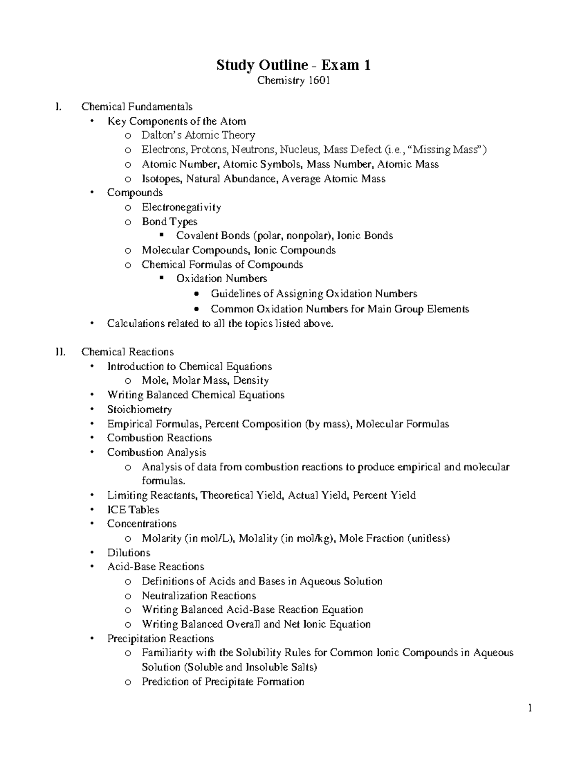 Chemistry 1601 Exam 1 Study Outline: Key Concepts and Reactions - Studocu