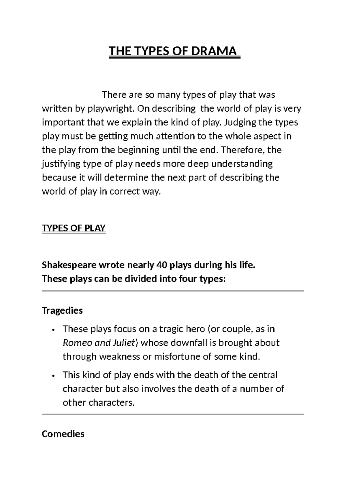 Types of Drama: Analyzing Shakespeare's Plays and Their Elements - Studocu