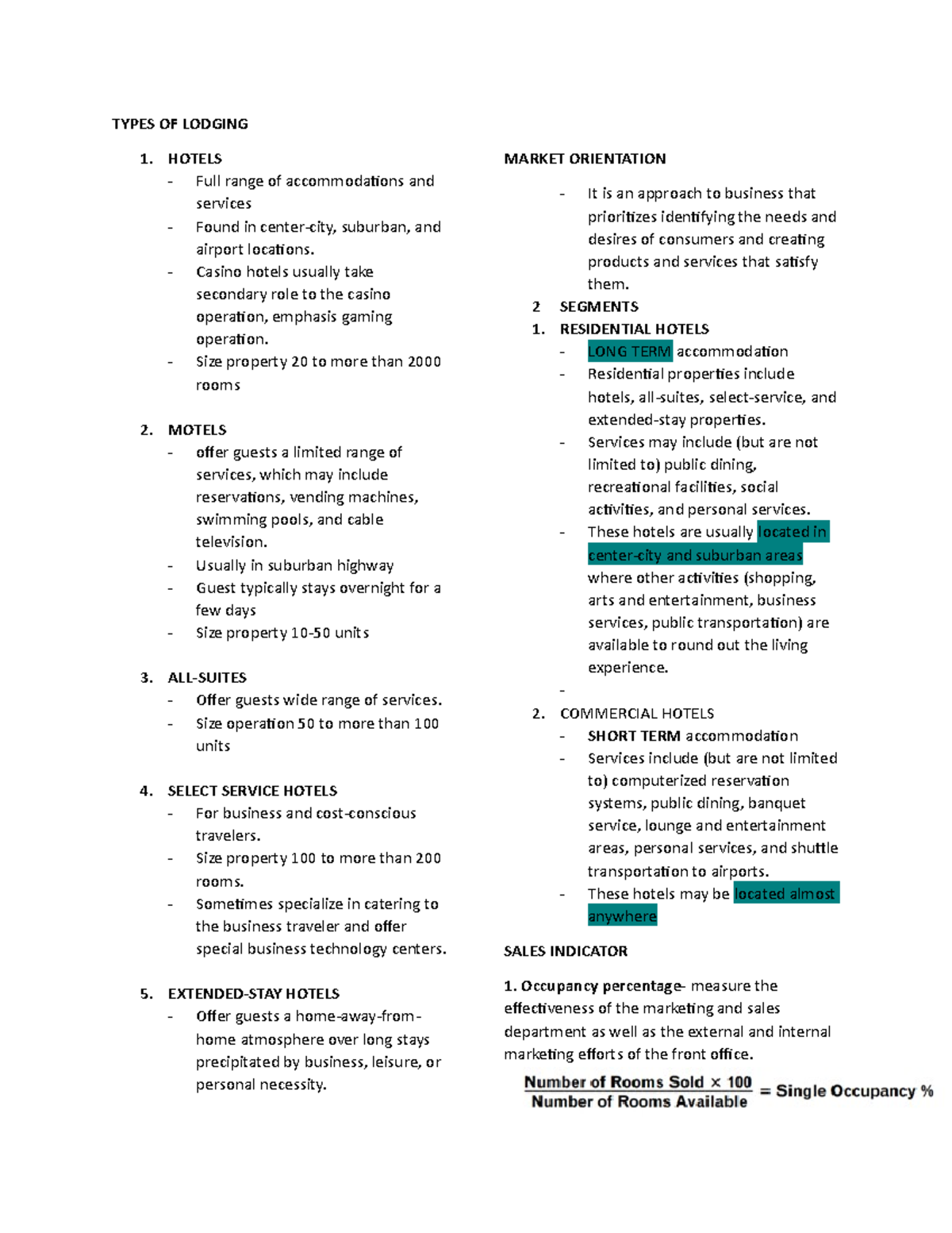 Chapter 1 Review - Types of Lodging and Market Orientation (TRO1) - Studocu