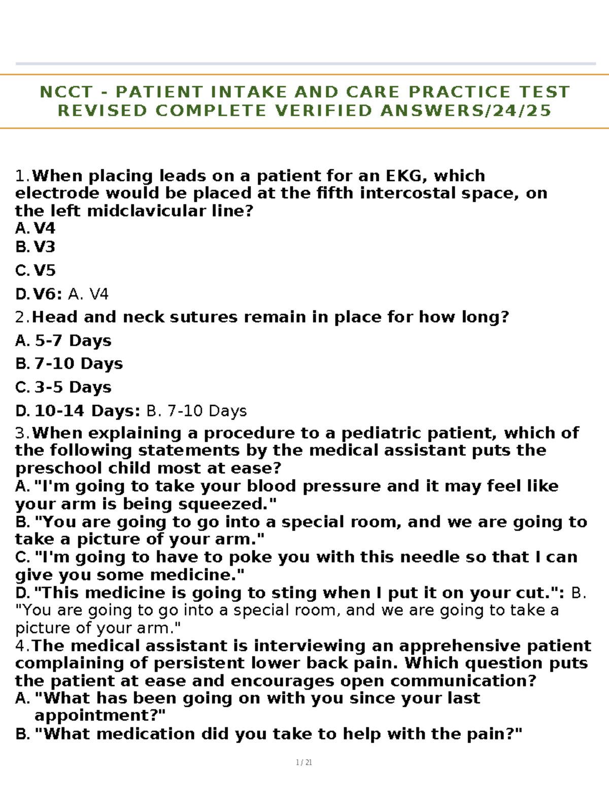 NCCT PATIENT INTAKE AND CARE PRACTICE TEST - REVISED VERSION - Studocu