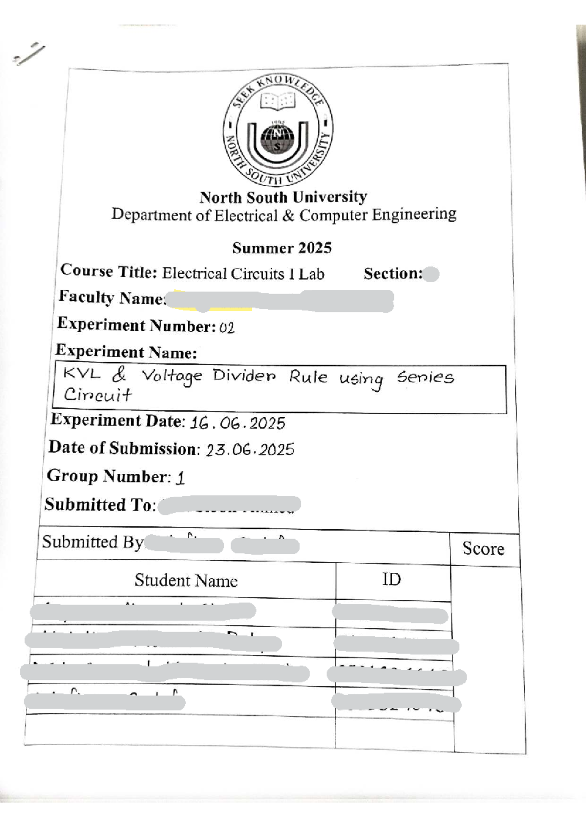 Electrical Circuits I Lab Report (ECE 1992) - KVL & VDR Experiment ...