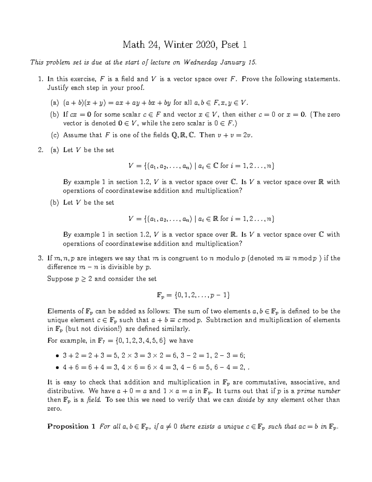Math 24, Winter 2020, Problem Set 1: Vector Spaces and Fields - Studocu