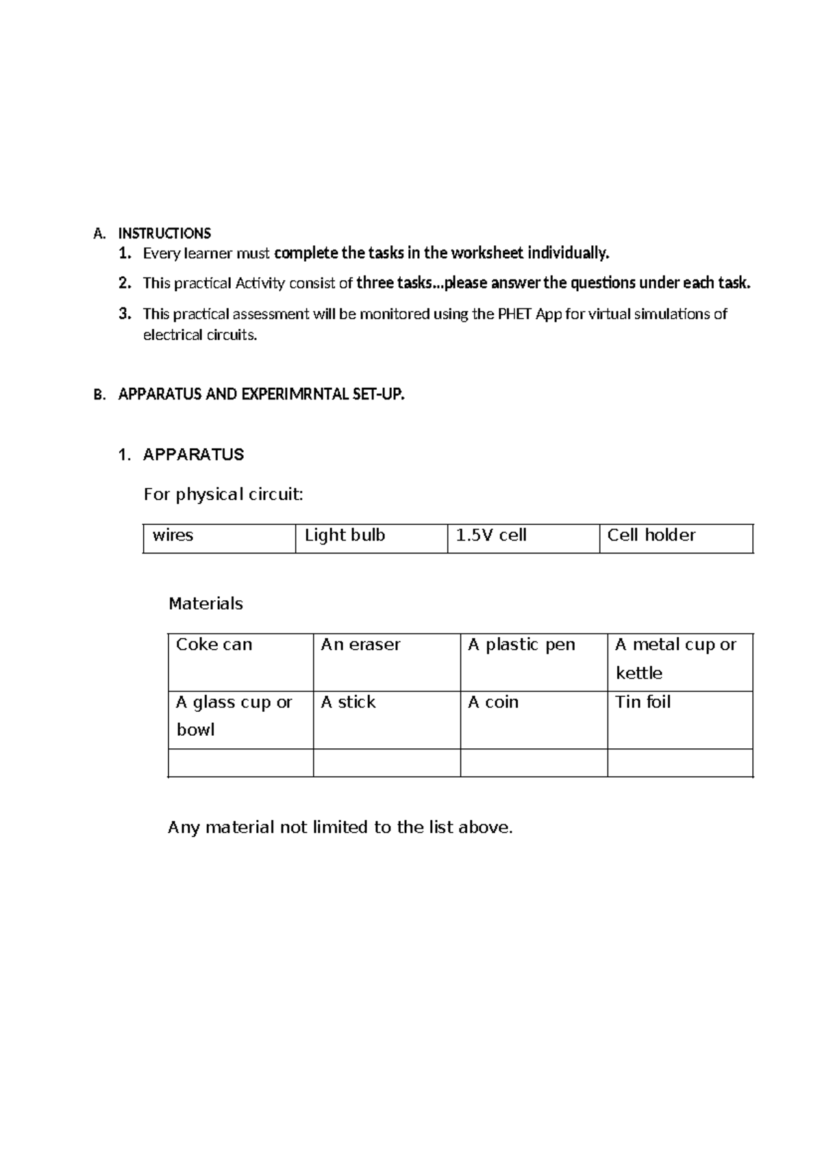 Grade 6 Term 3 Practical: Exploring Circuit Conductivity Activities ...