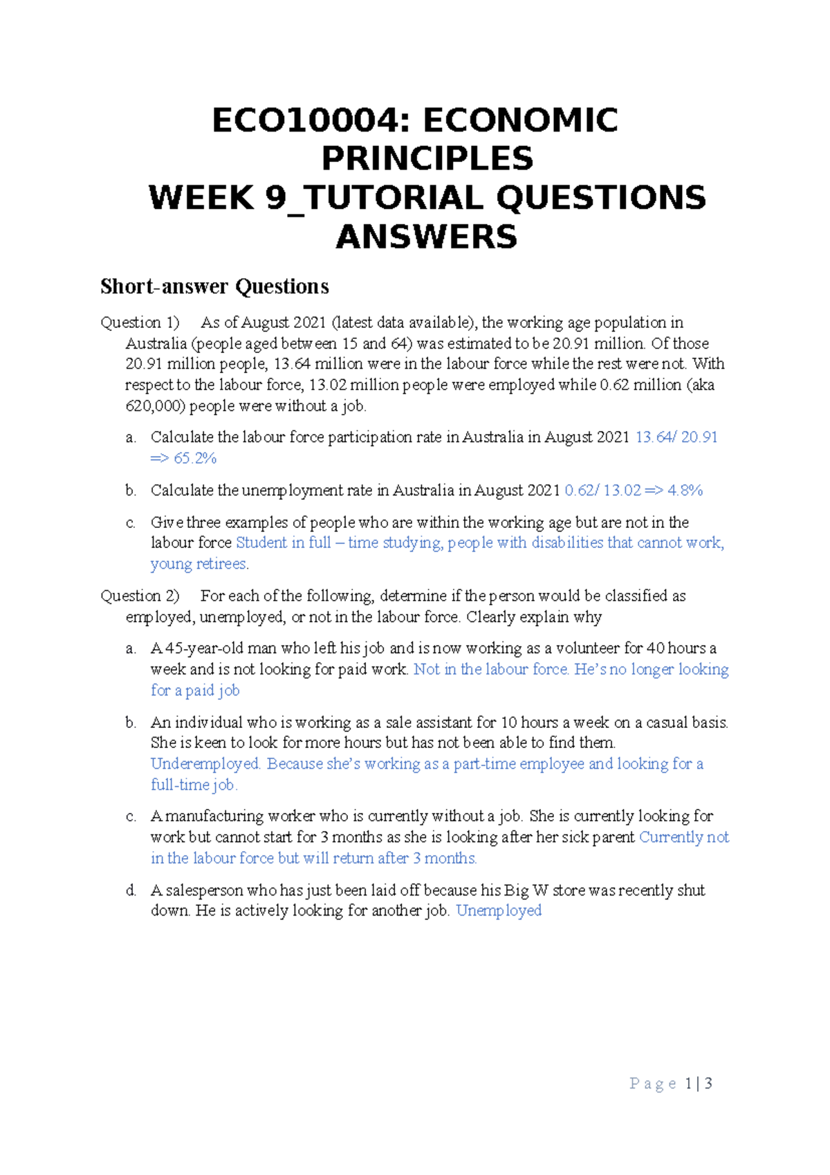 Week 9 Tutorial Questions - ECO10004: ECONOMIC PRINCIPLES WEEK 9 ...