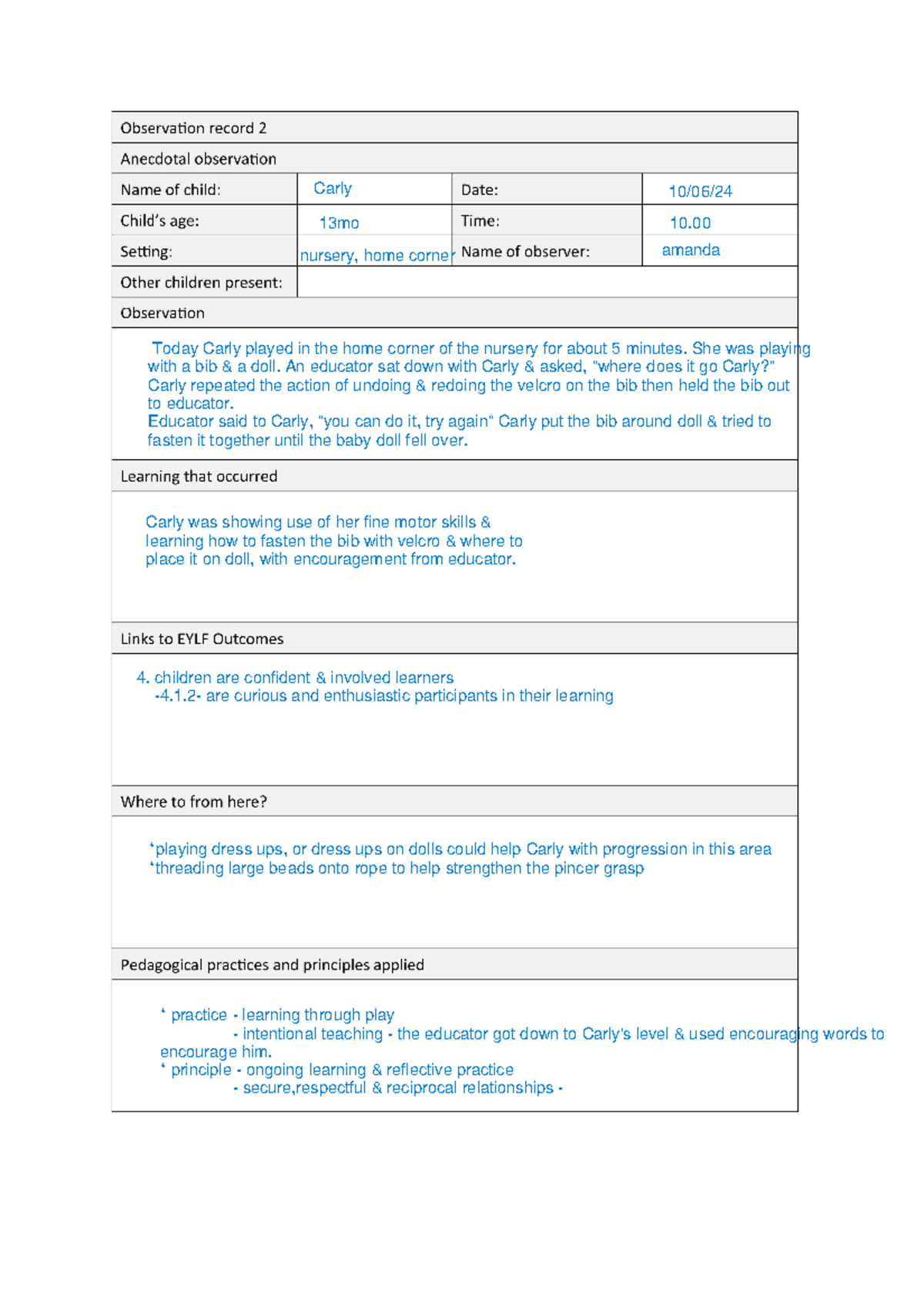 Anecdotal Observation Template for Effective Assessment - Studocu