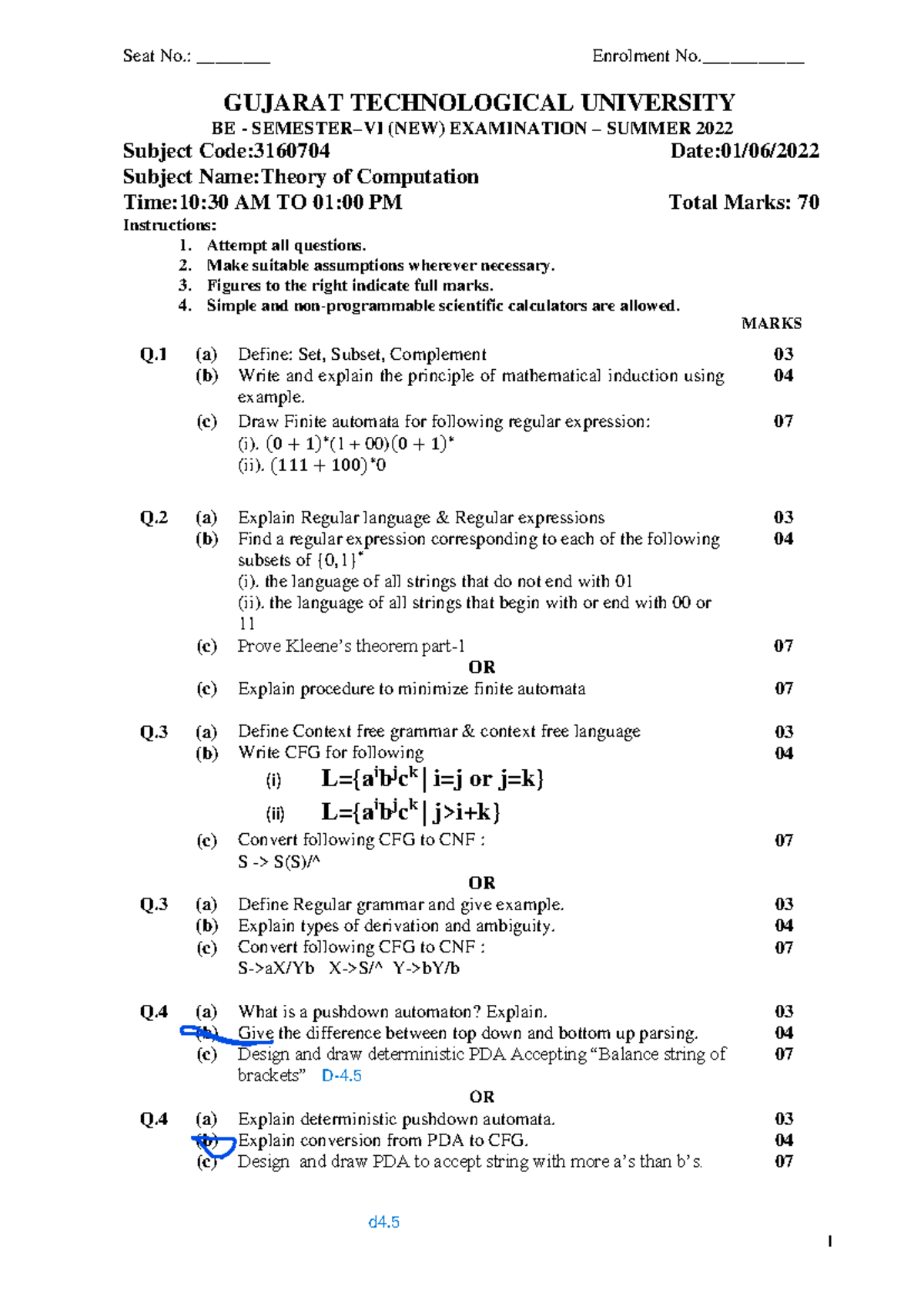 3160704 Theory of Computation Exam Paper - Summer 2022 - Studocu