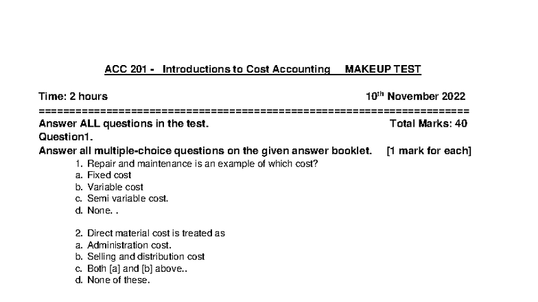 ACC 201 Cost Accounting Makeup Test Preparation Guide - Studocu