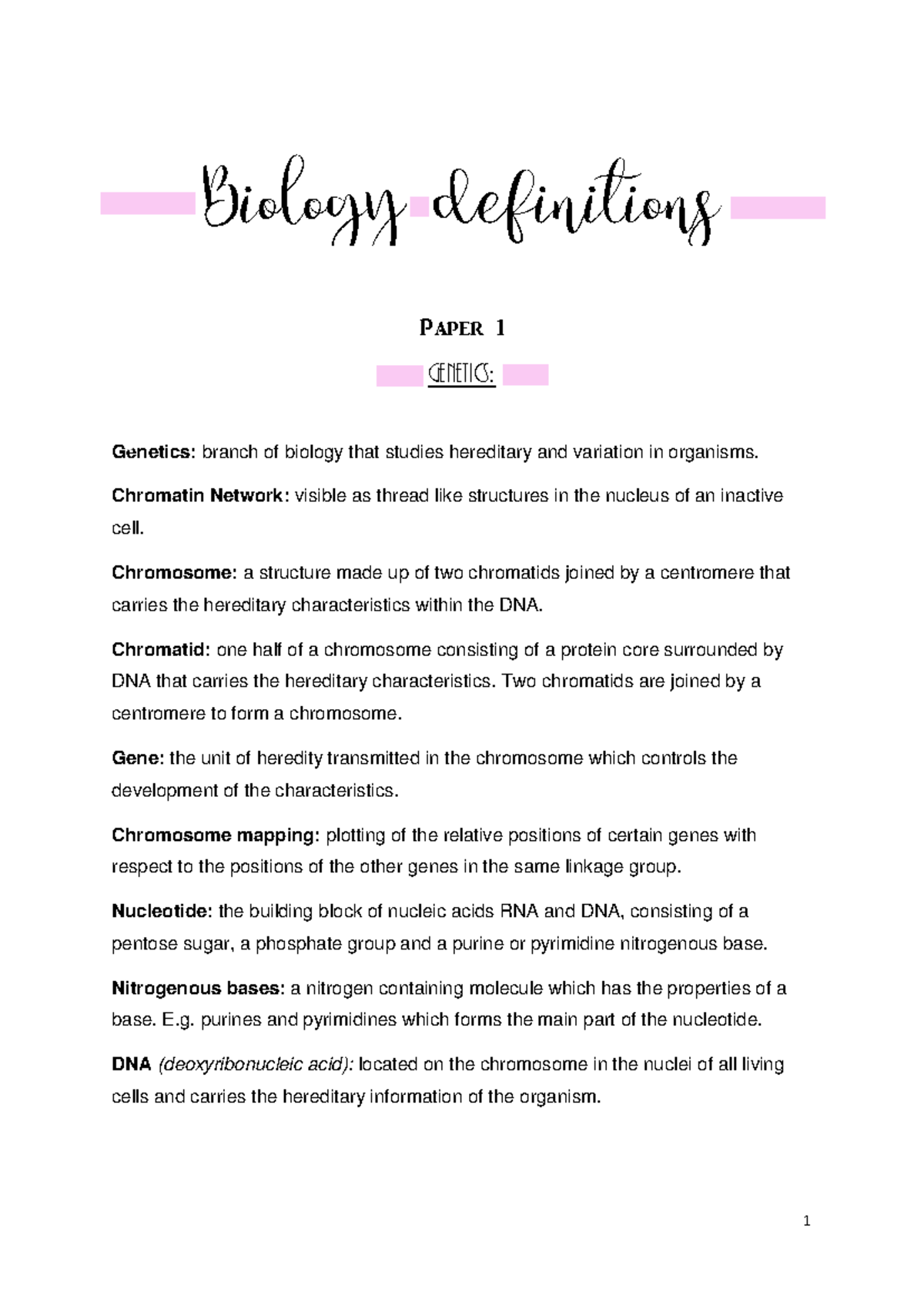 IEB Life Sciences: Biology Definitions & Summaries Paper 1 - Studocu